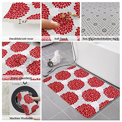 Door Mat Red and Grey Flower Memory Foam Cushioned Kitchen Rug, 18x30 Inch Water Absorbent Soft Touch Standing Mat for Bathroom, Office, Sink, Laundry, Home Hydrangea Texture Tiled