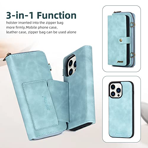 QIXIU for iPhone 16 Pro Wallet Case[13 Card Slots]:Multi-Function,Detachable 3 in 1,Flip Strap Zipper Card Holder Phone Case with Shoulder Straps(Blue)