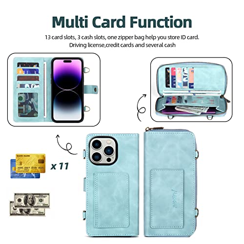 QIXIU for iPhone 16 Pro Wallet Case[13 Card Slots]:Multi-Function,Detachable 3 in 1,Flip Strap Zipper Card Holder Phone Case with Shoulder Straps(Blue)