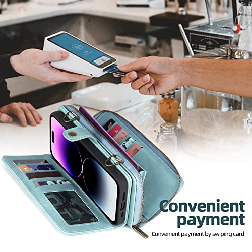 QIXIU for iPhone 16 Pro Wallet Case[13 Card Slots]:Multi-Function,Detachable 3 in 1,Flip Strap Zipper Card Holder Phone Case with Shoulder Straps(Blue)