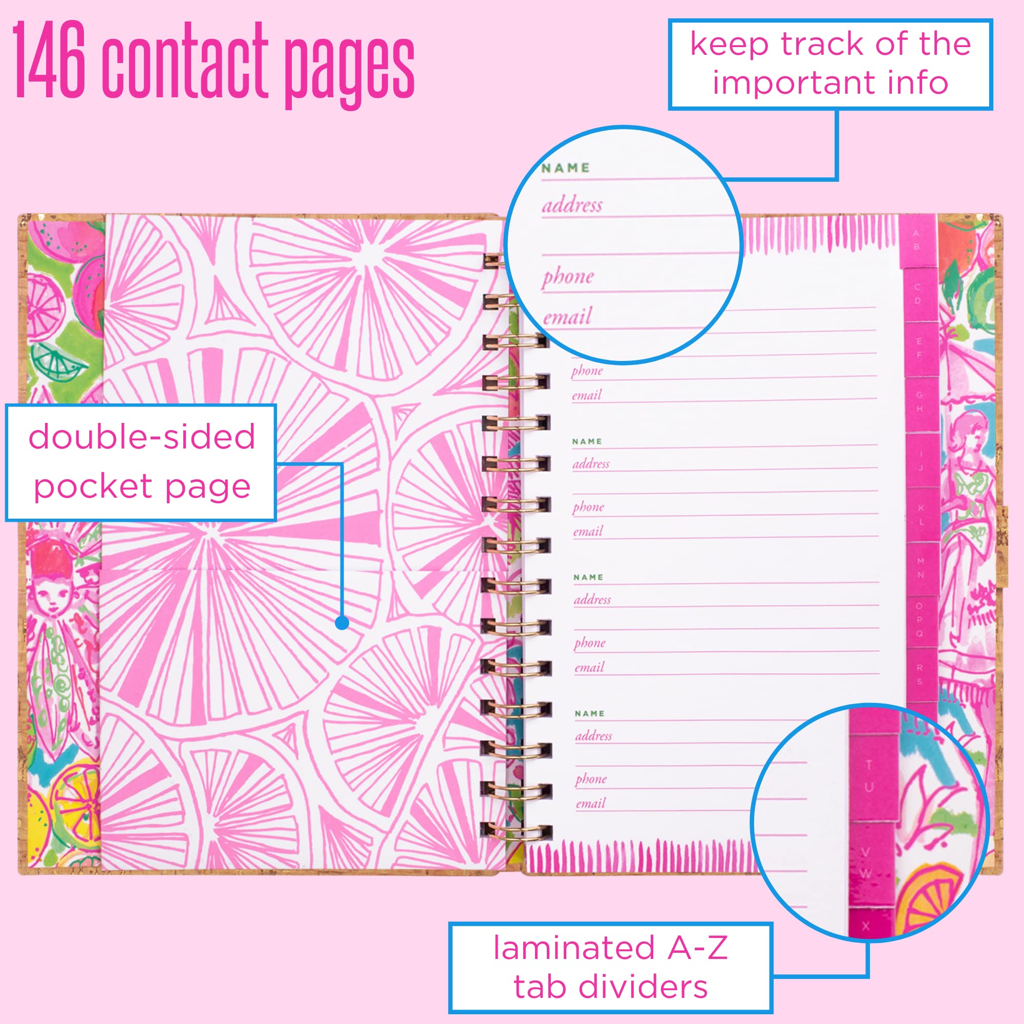 Lilly Pulitzer Address Book with Alphabetical Tabs, Cork Cover Phone Book, Spiral Address Book with 146 Contact Pages and A-Z Laminated Tabs, Walking on Sunshine