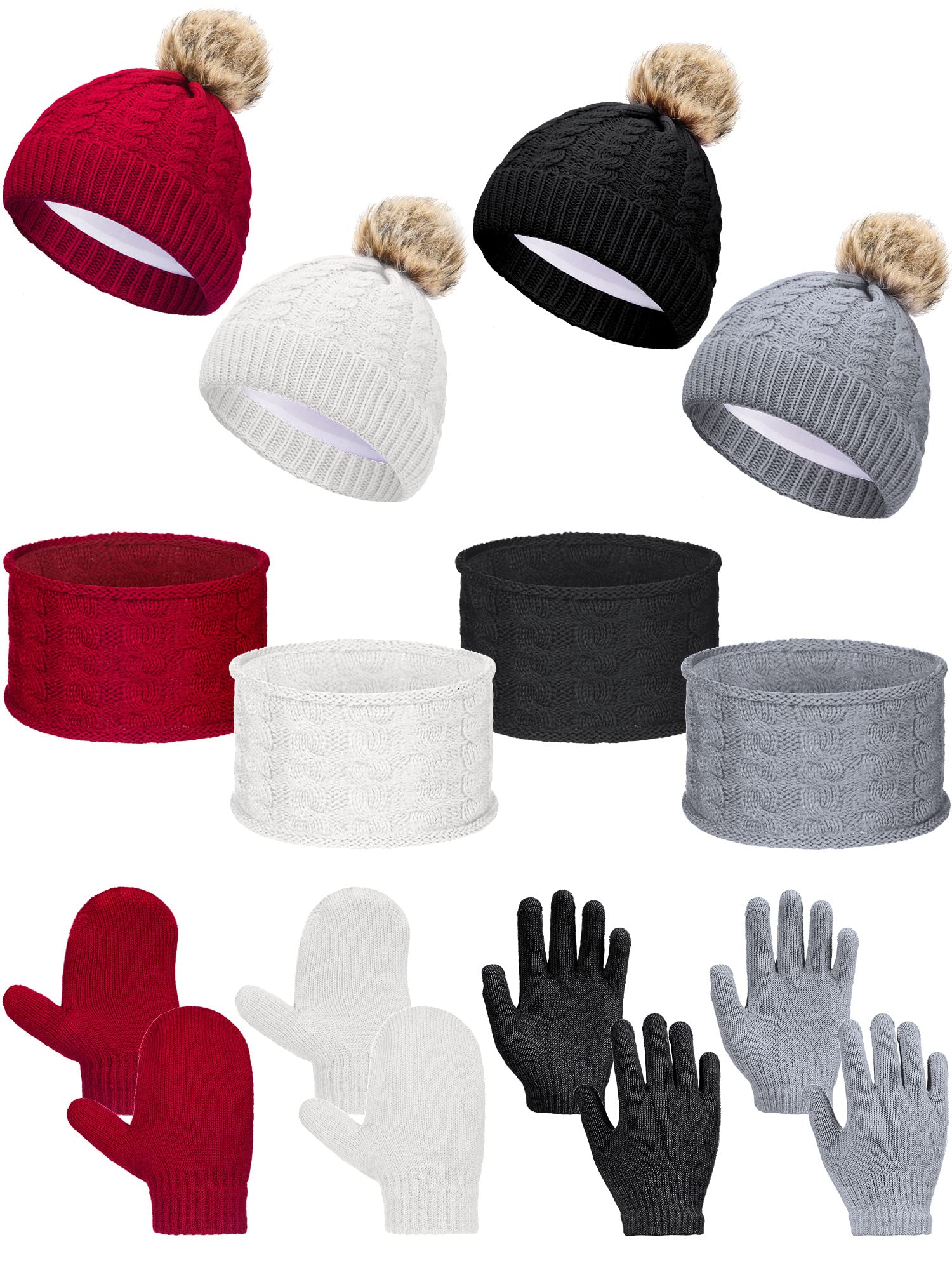 12 Pcs Kids Hat Scarf Gloves Set Winter Knit Beanie Cap Satin Inner Lining Neck Warmer Gaiter Warm Thermal Mittens Christmas Gift for Toddler Girls Boys 2-7 Years