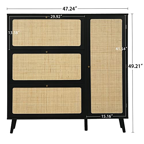 FOKWE Natural Rattan Shoe Cabinet, Shoe Cabinet with 3 Flip Drawers and Storage Shelves, Modern 3-Tier Shoe Rack Storage Cabinet for Entryway, Hallway, Bedroom(Black)