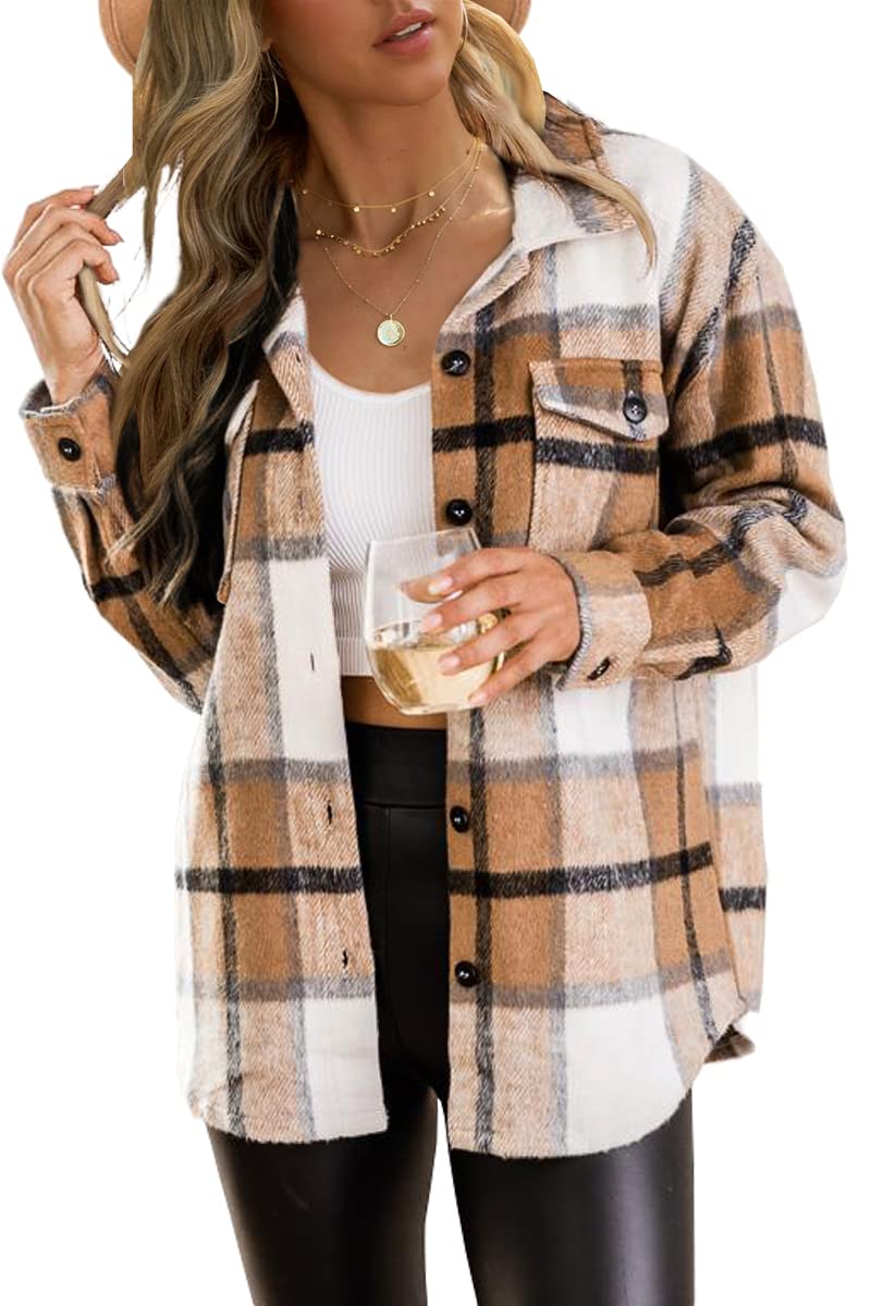 Trendy Queen Womens Flannel Shacket Casual Jacket Plaid Button Down Long Sleeve Shirt Fall Winter Outfits, Apricot, S