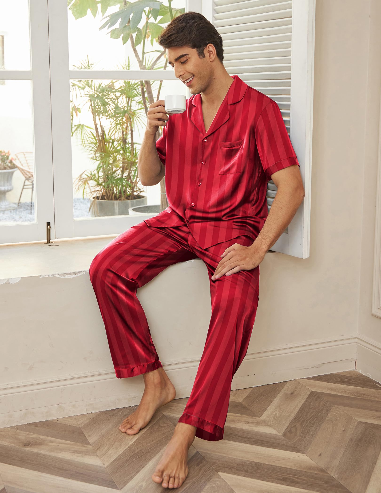 Ekouaer Men Satin Silk Pajamas Set 2 Piece Button Down Sleepwear Long Pants Loungewear with Pockets