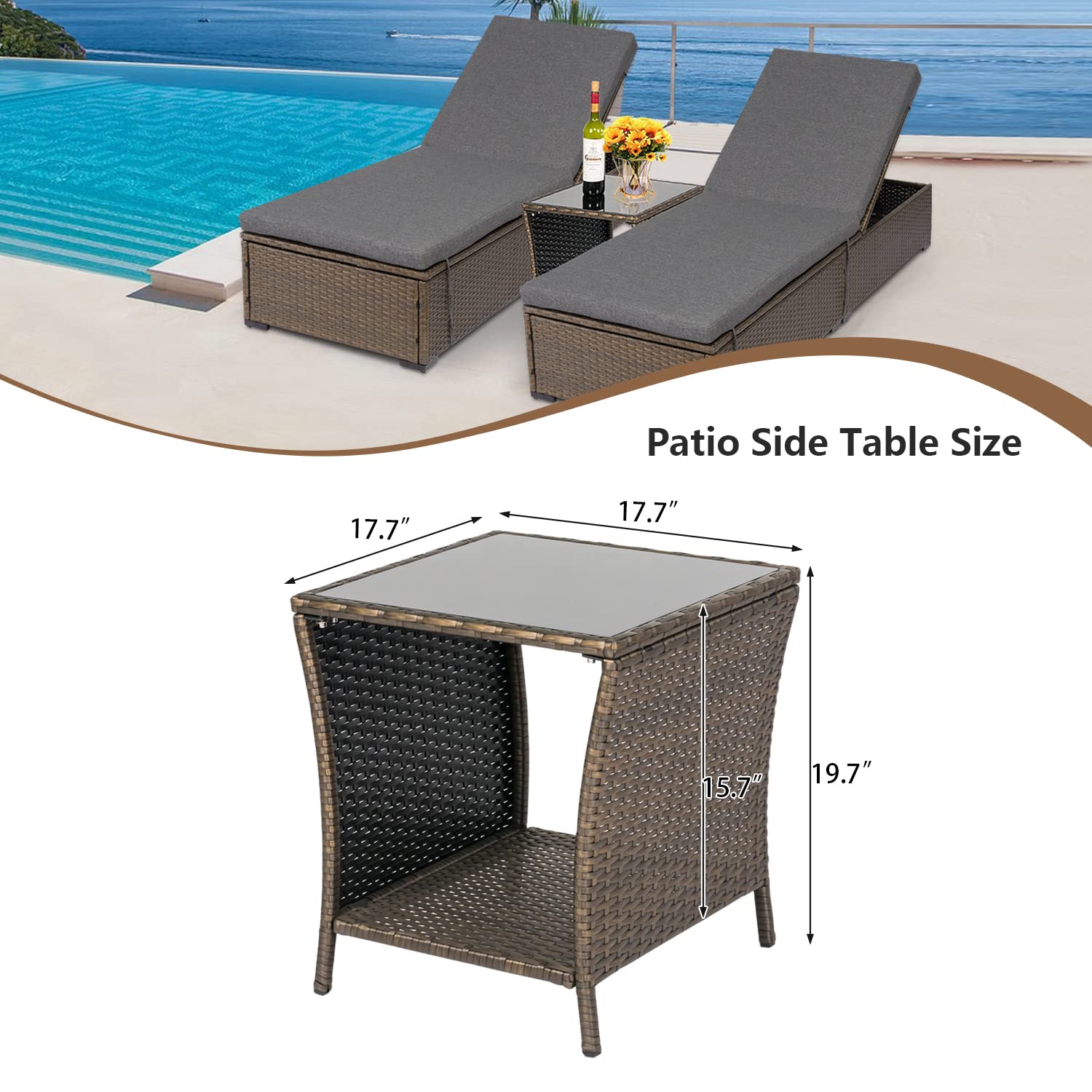 kinbor Outdoor Patio Side Table - Wicker PE Rattan Patio Table, Square Coffee Table with Glass Top and Storage, Outdoor Side/End Table for Deck Pool Garden Lawn Porch (Dark Blonde)