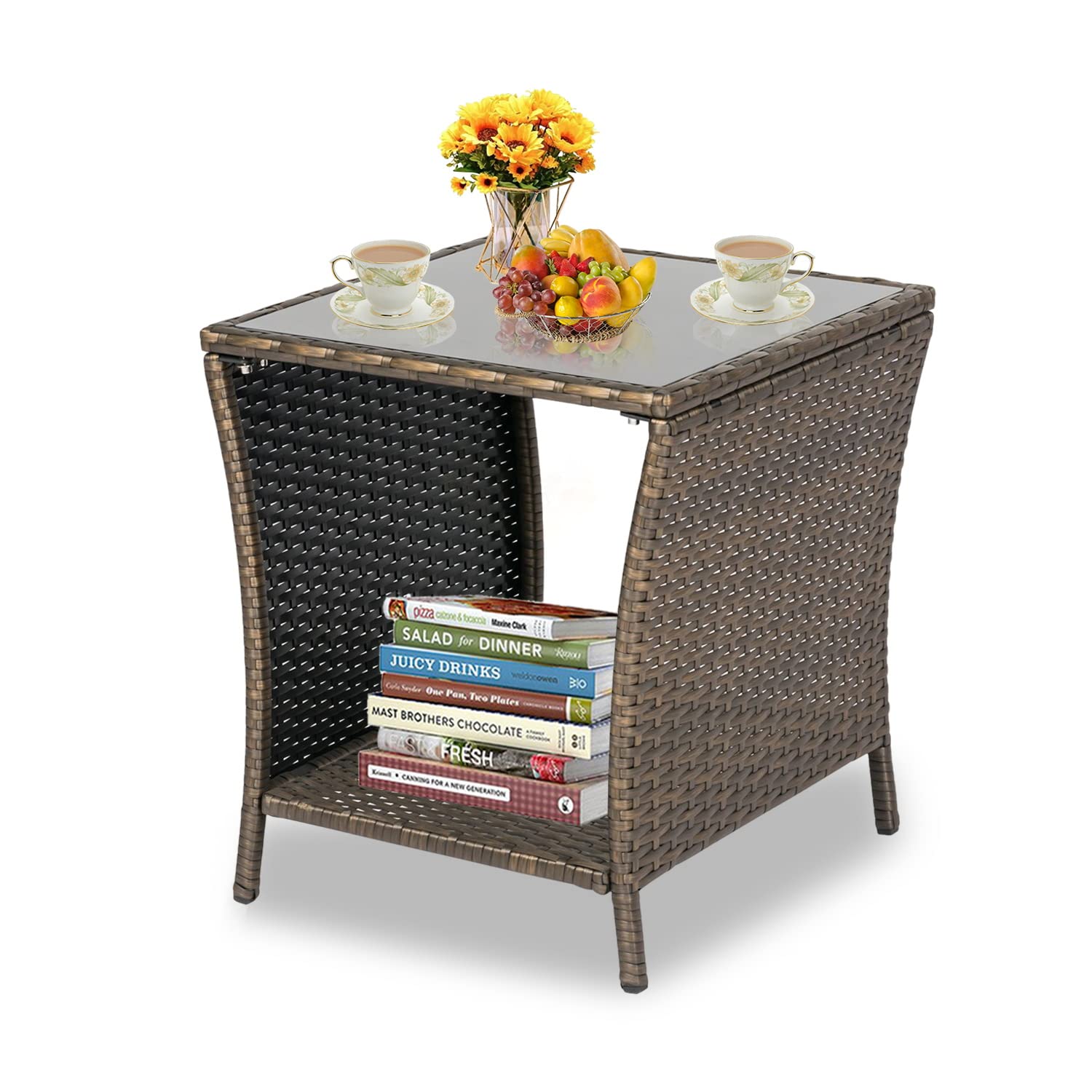 kinbor Outdoor Patio Side Table - Wicker PE Rattan Patio Table, Square Coffee Table with Glass Top and Storage, Outdoor Side/End Table for Deck Pool Garden Lawn Porch (Dark Blonde)
