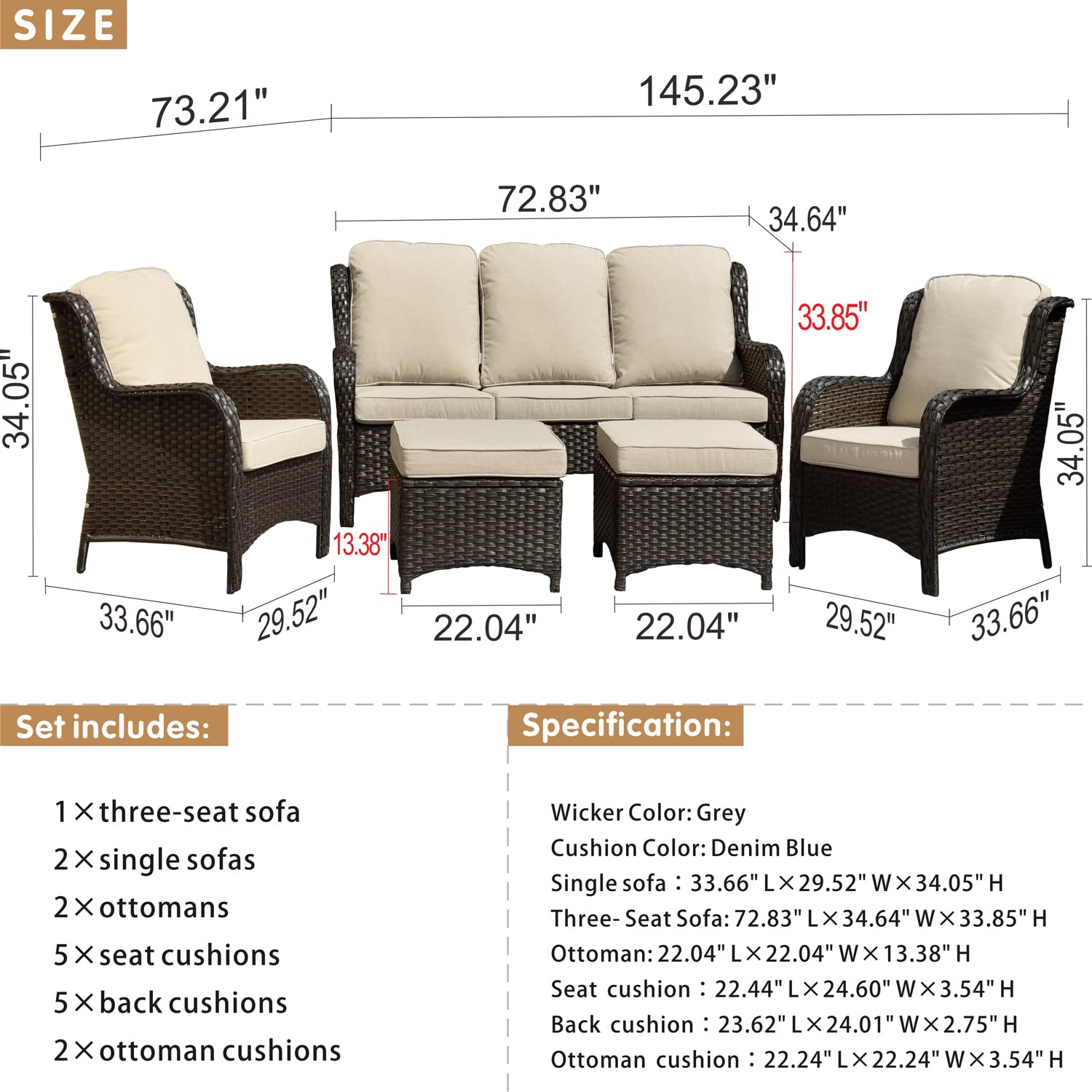 XIZZI Patio Furniture Set Outdoor Conversation Sets 5 Pieces All Weather Wicker Patio Conversation with High Back Sofa and 2 Chairs and 2 Ottomans for Garden,Backyard and Deck,Brown Wicker Beige