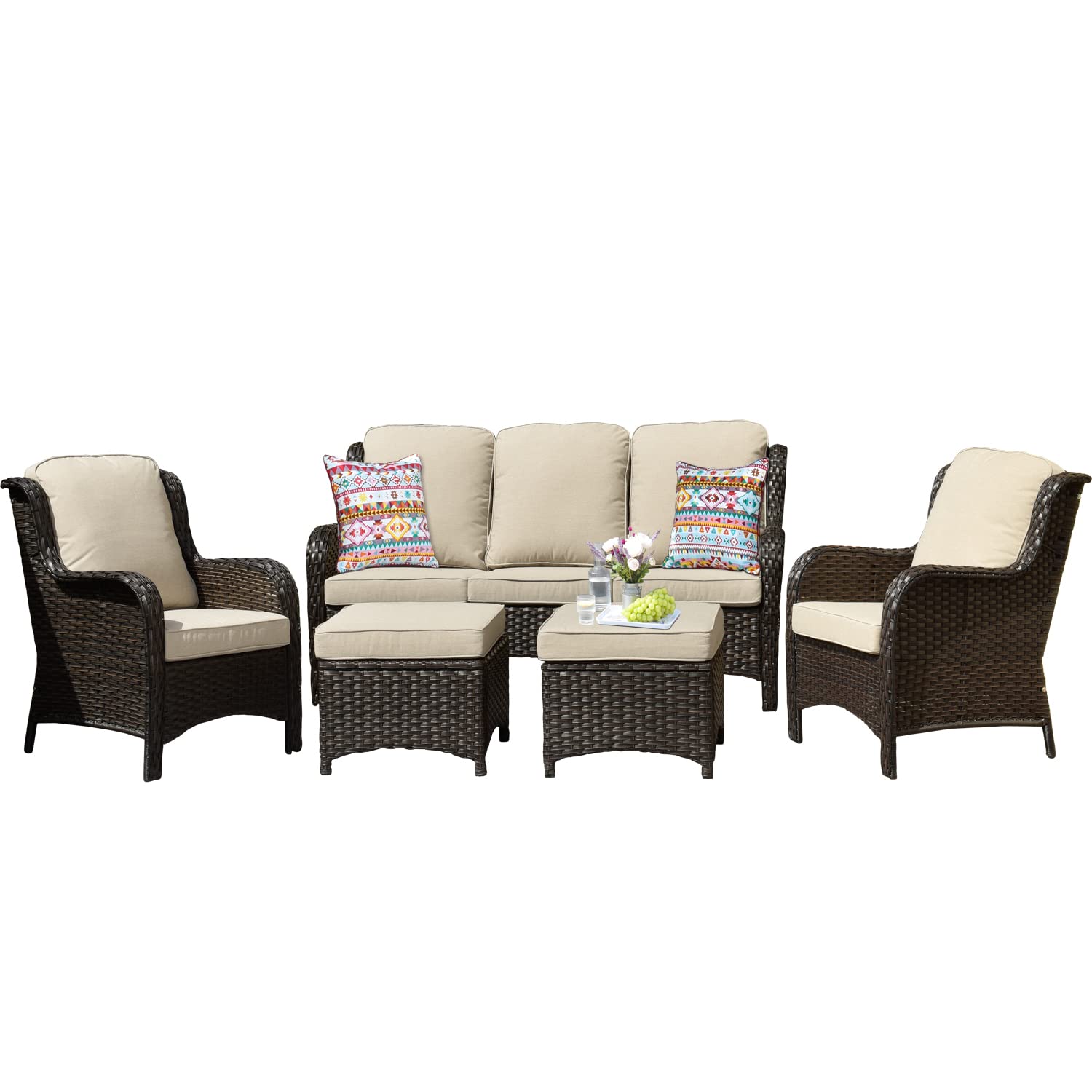 XIZZI Patio Furniture Set Outdoor Conversation Sets 5 Pieces All Weather Wicker Patio Conversation with High Back Sofa and 2 Chairs and 2 Ottomans for Garden,Backyard and Deck,Brown Wicker Beige