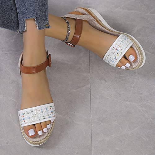 Rhinestone Sandals for Women Under 15 Summer Sequins Decorative Open Toe Buckle Wedge Heel Thick Sole Sandals (White, 7.5)