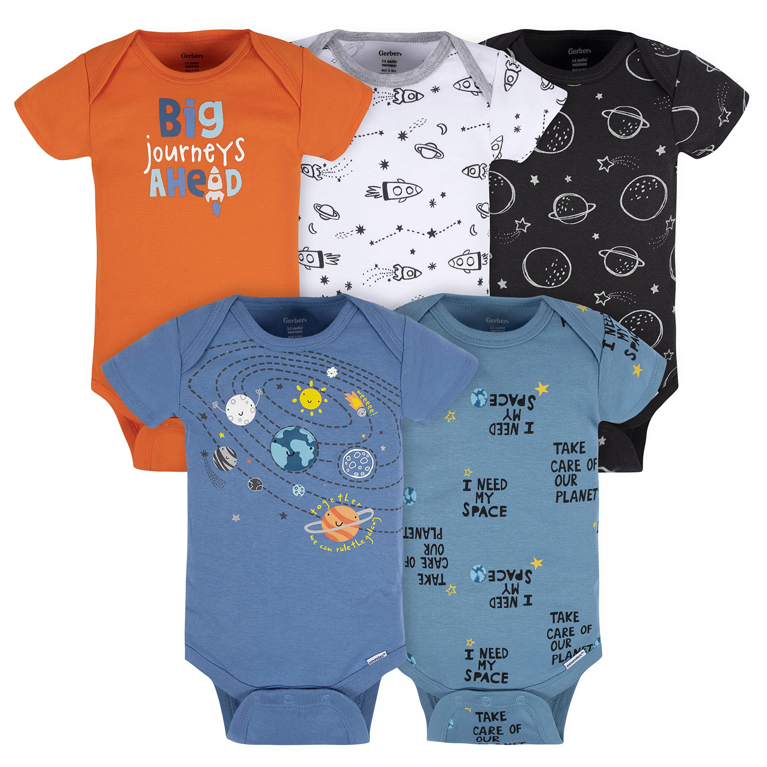 Gerber Baby Boys 5-Pack Short Sleeve Variety Onesies Bodysuits Space 3-6 Months