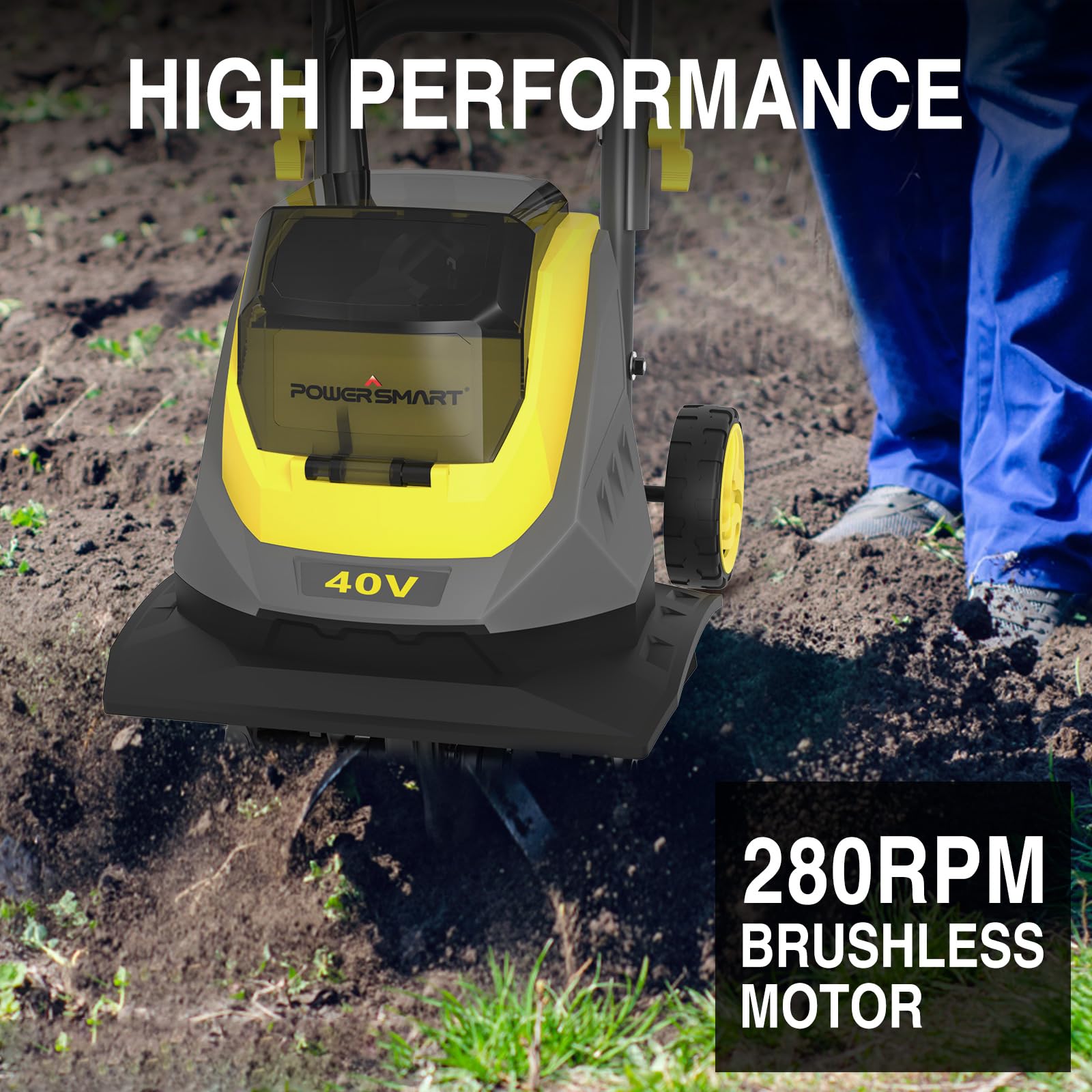 PowerSmart 40V 12" Cordless Tiller/Cultivator, Two 20V 4.0Ah Battery and Charger Included