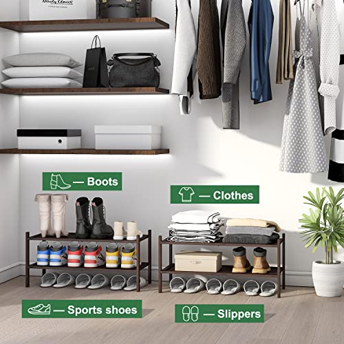kiplant Bamboo Shoe Rack for Entryway, 2-Tier Stackable | Foldable | Natural, Shoe Organizer for Hallway Closet, Free Standing Shoe Racks for Indoor Outdoor