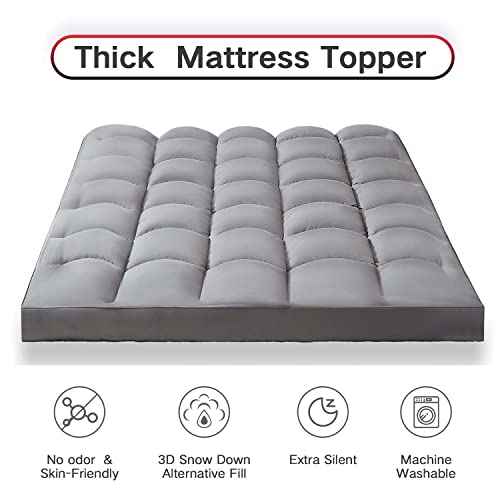Homemate Queen Mattress Topper,1800TC Cooling Mattress Pad Cover for Deep Sleep, Extra Thick 3D Snow Down Alternative Overfilled Plush Pillow Top with 8-21 Inch Deep Pocket - Queen Size, Grey