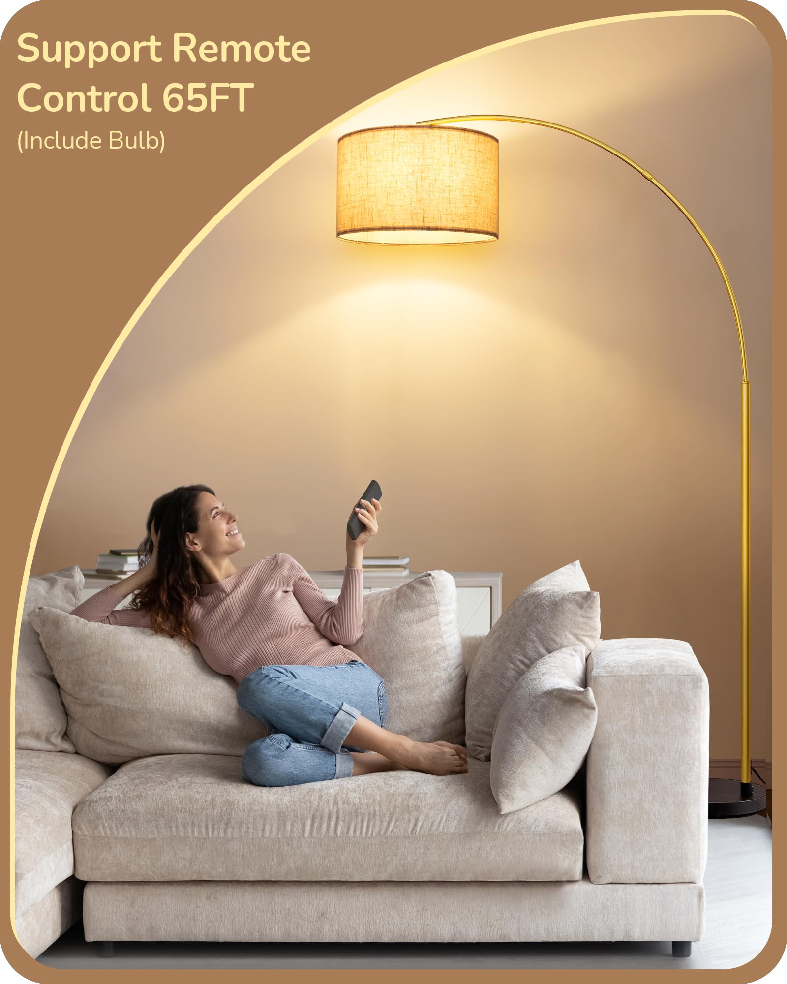 EDISHINE 78.3" Gold Arched Floor Lamp with Remote, Mid Century Modern Reading Light Over Chair, Tall Arc Standing Lamp for Living Room, Home Office, Reading Room, Dining Room, Dimmable Bulb Included