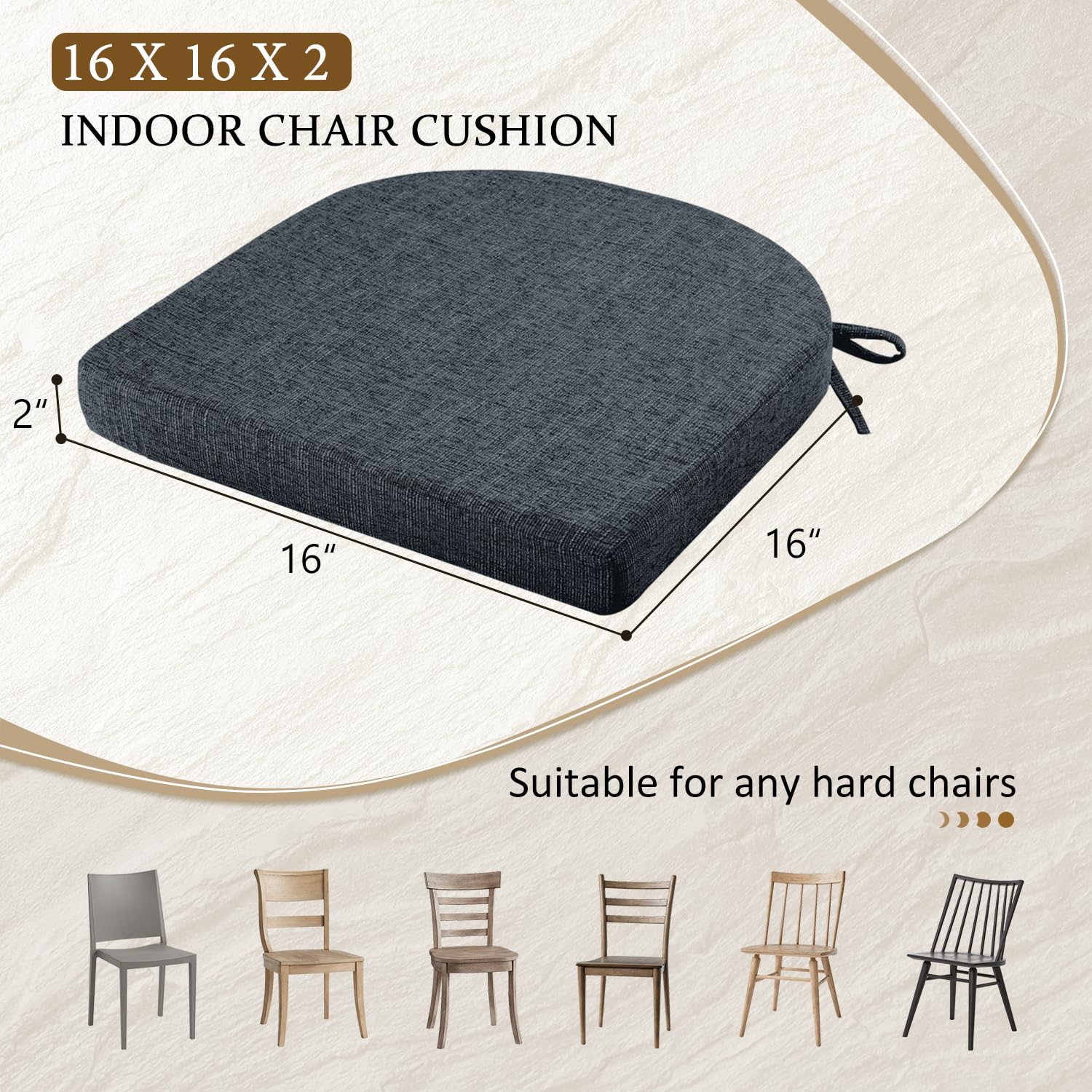 LOVTEX Chair Cushions for Dining Chairs 4 Pack - Memory Foam Chair Pads with Ties and Non-Slip Backing - Seat Cushion for Kitchen Chair 16x16x2, Navy