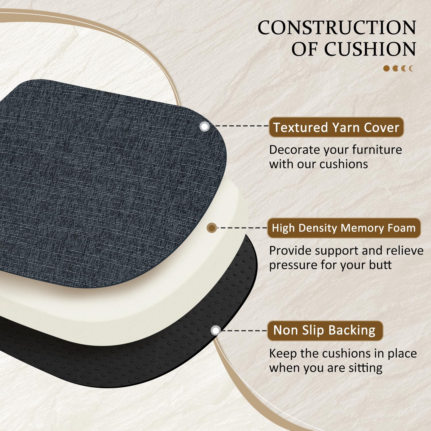 LOVTEX Chair Cushions for Dining Chairs 4 Pack - Memory Foam Chair Pads with Ties and Non-Slip Backing - Seat Cushion for Kitchen Chair 16x16x2, Navy