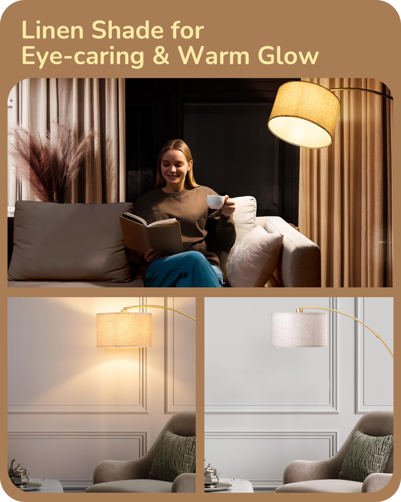 EDISHINE 78.3" Gold Arched Floor Lamp with Remote, Mid Century Modern Reading Light Over Chair, Tall Arc Standing Lamp for Living Room, Home Office, Reading Room, Dining Room, Dimmable Bulb Included