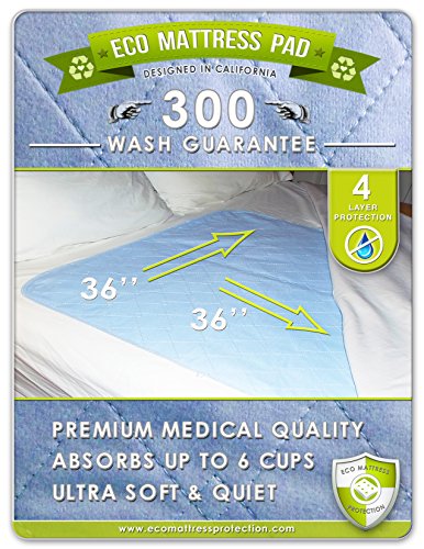 1 Eco Mattress Protection Pad. Premium Grade- Waterproof Sheet and Mattress Protector. 300 Wash Guarantee, 36” x 36”, Light Blue.