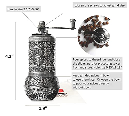 Bazaar Anatolia Turkish Pepper Mill Grinder Refillable Spice 4.2" Manual Crank Handle (Dark Silver)