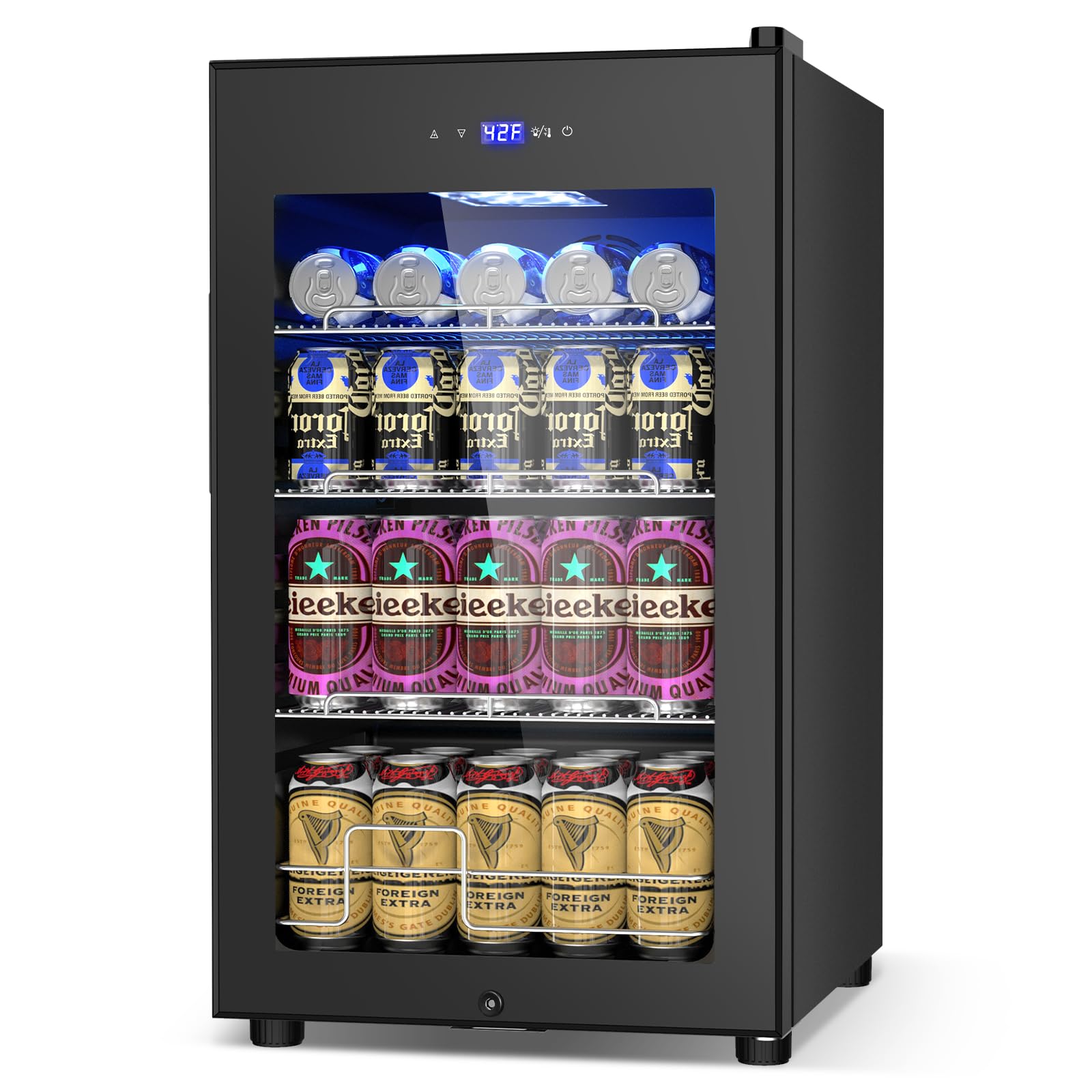 Beverage Refrigerator and Cooler Freestanding, 96 Cans Mini Fridge with glass door and Lock, Small Drink Fridge for Soda, Beer, Wine, For Home Bar Office with LED Light, with Adjustable Thermostat