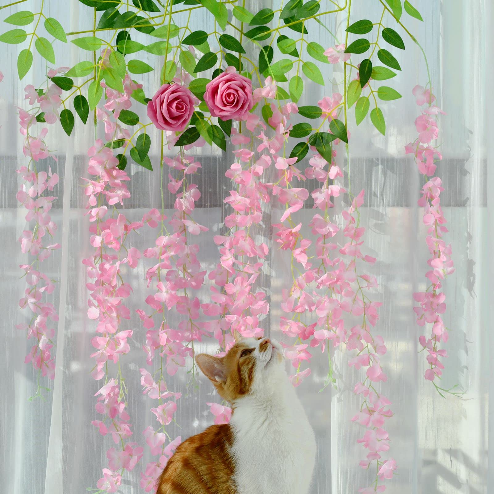 Mandy's 12pack Pink Fake Flowers Artificial Silk Wisteria Vine Ratta Hanging Fake Plants 43” for Home Party Wedding Decorations