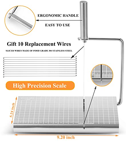 Cheese Slicer & Cheese Cutter | Stainless Steel cheese slicer with 10 Replacement-wires | Cheese Cutter for Block Cheese Metal Cheese Slicer Cutting Board Kitchen Gadgets Gift Set for Cheese Butter