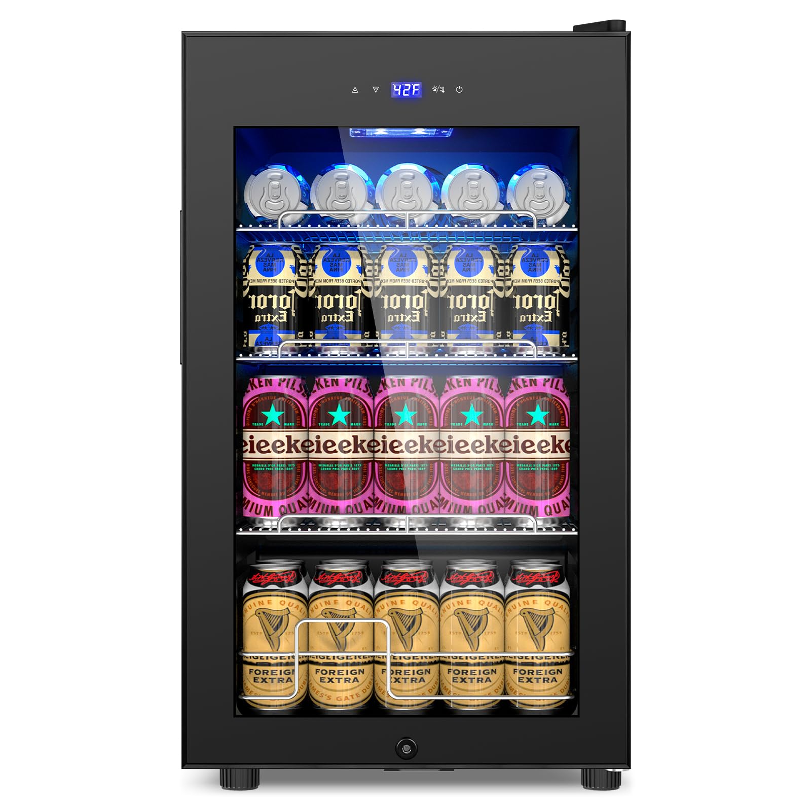 Beverage Refrigerator and Cooler Freestanding, 96 Cans Mini Fridge with glass door and Lock, Small Drink Fridge for Soda, Beer, Wine, For Home Bar Office with LED Light, with Adjustable Thermostat