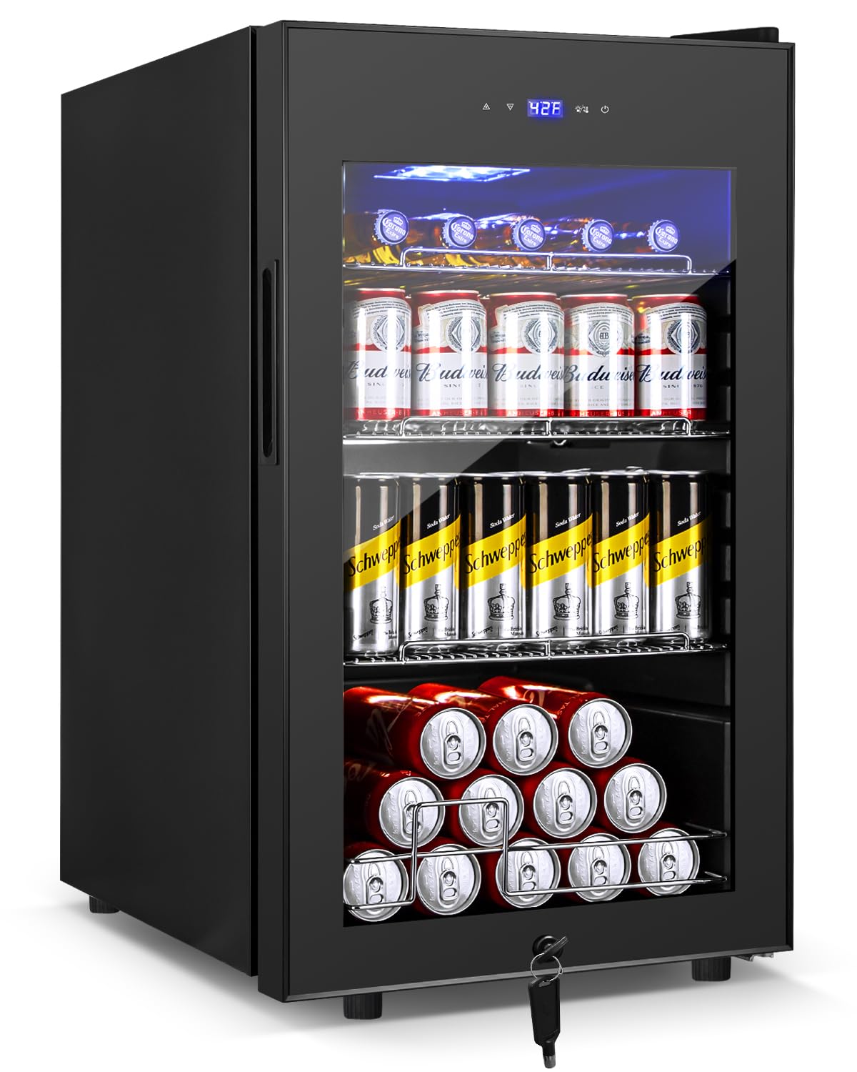Beverage Refrigerator and Cooler Freestanding, 96 Cans Mini Fridge with glass door and Lock, Small Drink Fridge for Soda, Beer, Wine, For Home Bar Office with LED Light, with Adjustable Thermostat