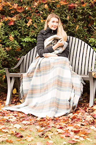 Patrick King Woollen Company Merino Wool Tartan Throw Blanket 69" x 62" Stewart Muted Blue Fringed Plaid Blanket for Home Decor, Camping & Everyday Use | Warm Thick Durable Sustainable Wool Throw