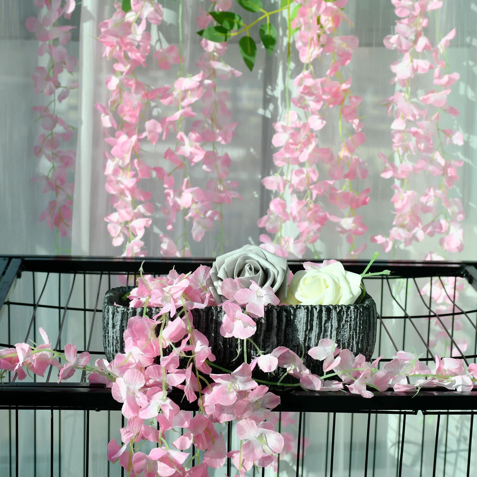 Mandy's 12pack Pink Fake Flowers Artificial Silk Wisteria Vine Ratta Hanging Fake Plants 43” for Home Party Wedding Decorations