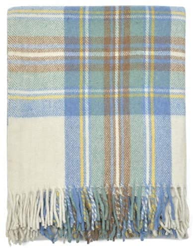 Patrick King Woollen Company Merino Wool Tartan Throw Blanket 69" x 62" Stewart Muted Blue Fringed Plaid Blanket for Home Decor, Camping & Everyday Use | Warm Thick Durable Sustainable Wool Throw