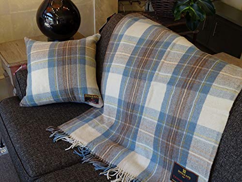 Patrick King Woollen Company Merino Wool Tartan Throw Blanket 69" x 62" Stewart Muted Blue Fringed Plaid Blanket for Home Decor, Camping & Everyday Use | Warm Thick Durable Sustainable Wool Throw