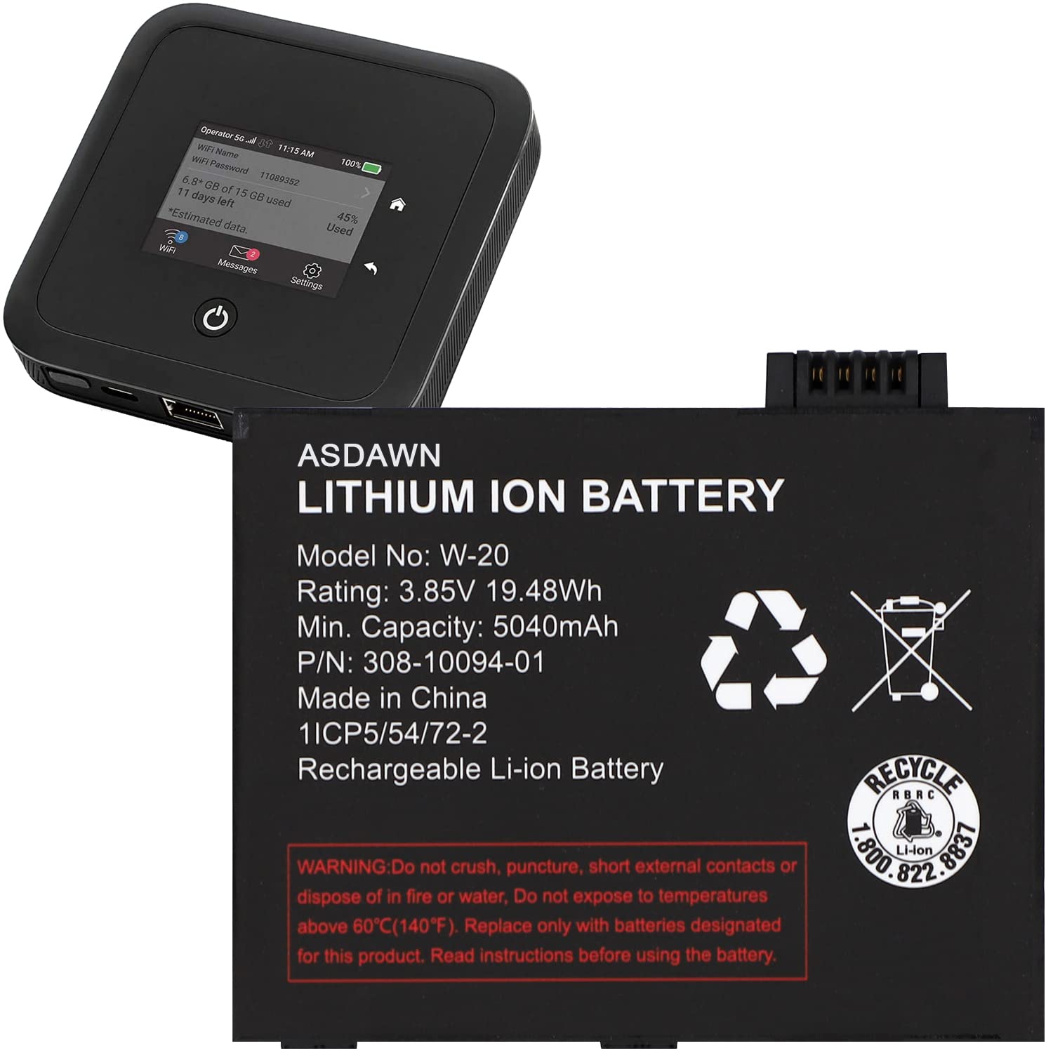 5040mAh W-20 Battery Replacement for Netgear Nighthawk 5G WiFi 6 Mobile Hotspot, AT&T Netgear Nighthawk M5 MR5000 MR5100 MR5200 MR5200-100EUS Mobile Hotspot Router, Model No: W-20