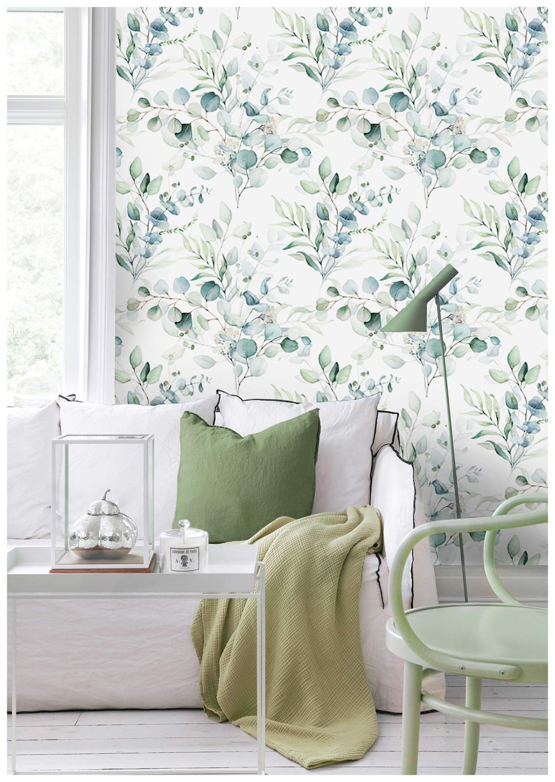 HAOKHOME Peel and Stick Wallpaper Boho Green/White Eucalyptus Leaf Floral Wall Mural Home Nursery Decor Renter Friendly Wallpaper 17.7in x 78.7in