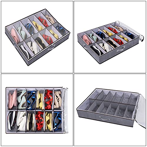 Under Bed Shoe Storage Organizer, Adjustable Dividers - Set of 2, Fits 24 Pairs Total - Underbed Storage Solution Gray