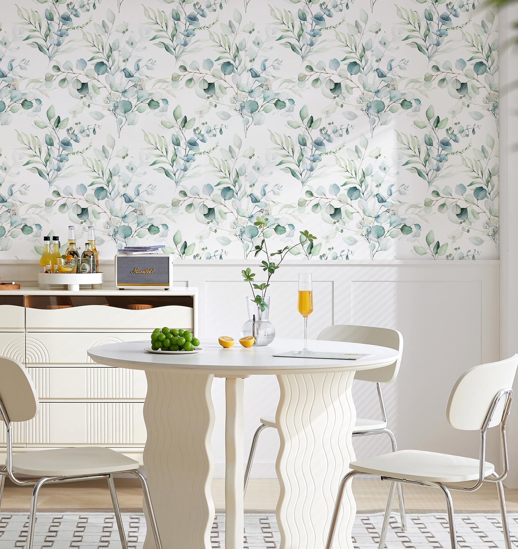 HAOKHOME Peel and Stick Wallpaper Boho Green/White Eucalyptus Leaf Floral Wall Mural Home Nursery Decor Renter Friendly Wallpaper 17.7in x 78.7in