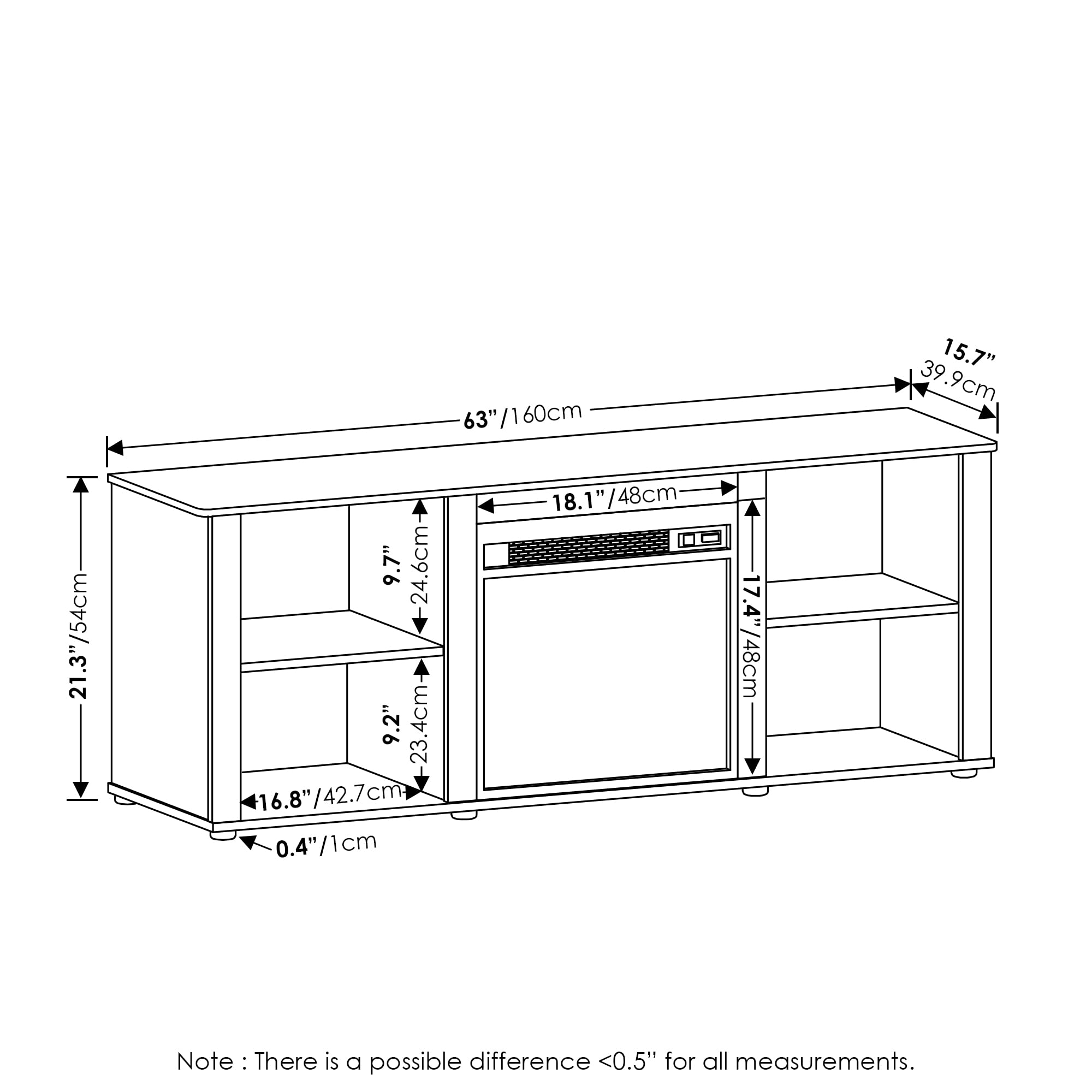 Furinno Classic 70 Inch TV Stand with Fireplace, French Oak Grey