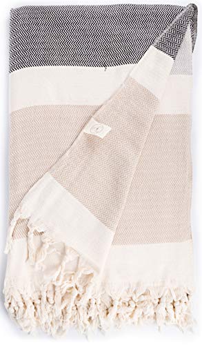 Bersuse 100% Cotton Aspendos XL Throw Blanket Turkish Towel - 60x90 Inches, Black-Grey-Beige