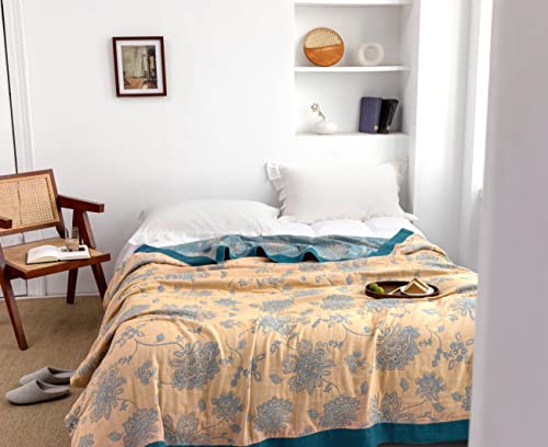 DECMAY Muslin Warm Bohemian Throw Blanket, 5-Layer Cotton Bedspread Blanket for Bed Couch, Super Soft, Cozy for All Seasons Twin Size (Yellow, 60"X80")