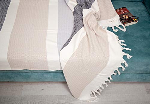 Bersuse 100% Cotton Aspendos XL Throw Blanket Turkish Towel - 60x90 Inches, Black-Grey-Beige