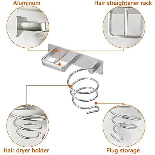 Hair Dryer Holder Wall Mount,Blow Dryer Organizer Wall Mounted Flat Irons,Curling Wands Save Space & Easy to Install Multi-Functional Hair Dryer Rack for Bedroom & Bathroom (Aluminum, siliver)