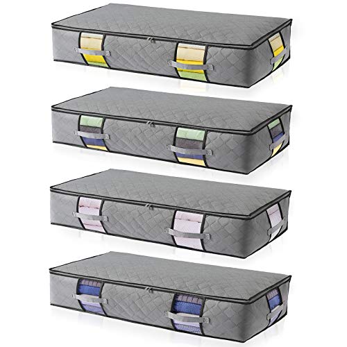 Extra-Large Under Bed Storage Bags Containers [4pack] Thickened 3 Ply Fabric Under Bed Storage Organizers with Reinforced Handles Strong Zipper Breathable Zippered Organizer For Bedrooms, (Grey)