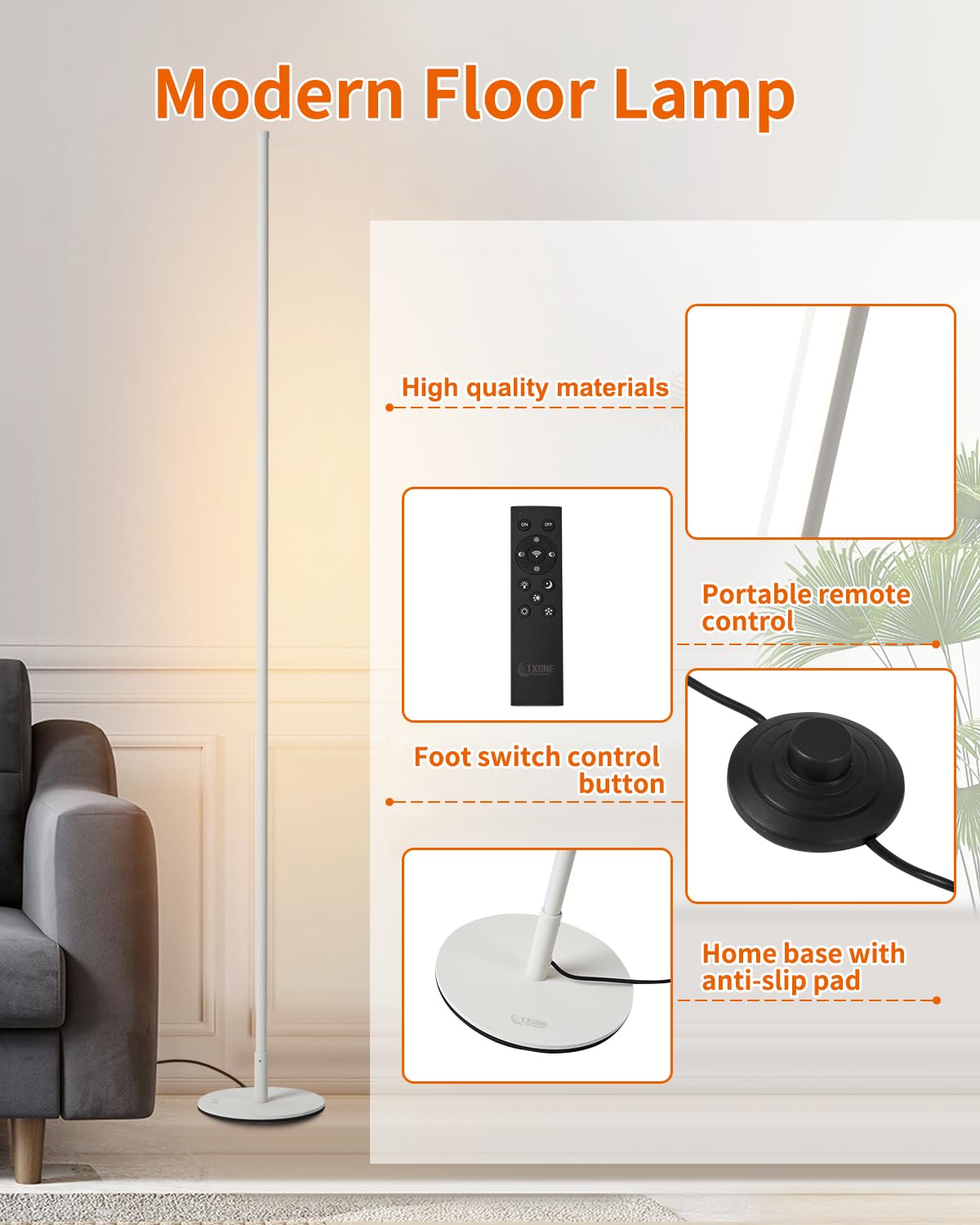Modern Floor Lamp Led Standing Corner Lamp White Decor Contemporary Metal Floor Lamp for Living Room Bedrooms with Remote & Touch Control