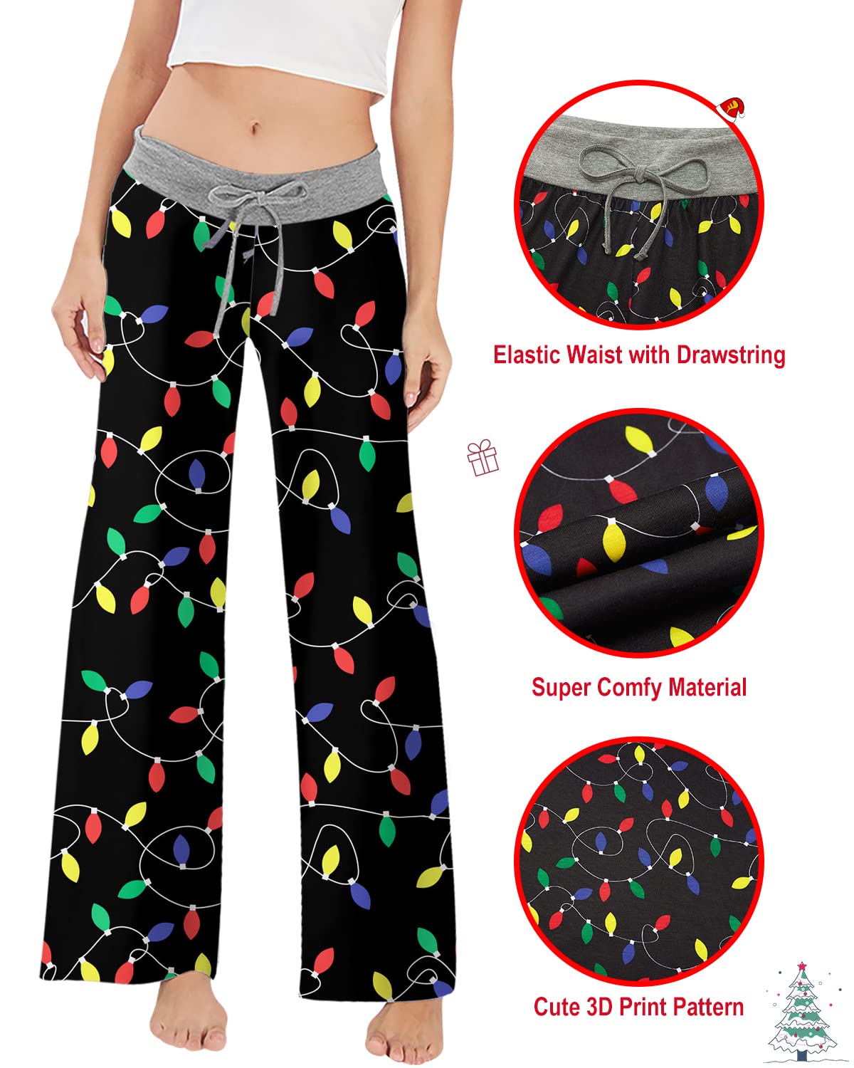 ALISISTER Christmas Lounge Pajama Pants for Women Soft Comfy Merry Xmas Pjs Pants Palazzo Loose Elastic Drawstring Sleep Bottoms Plus Size XL Black Green
