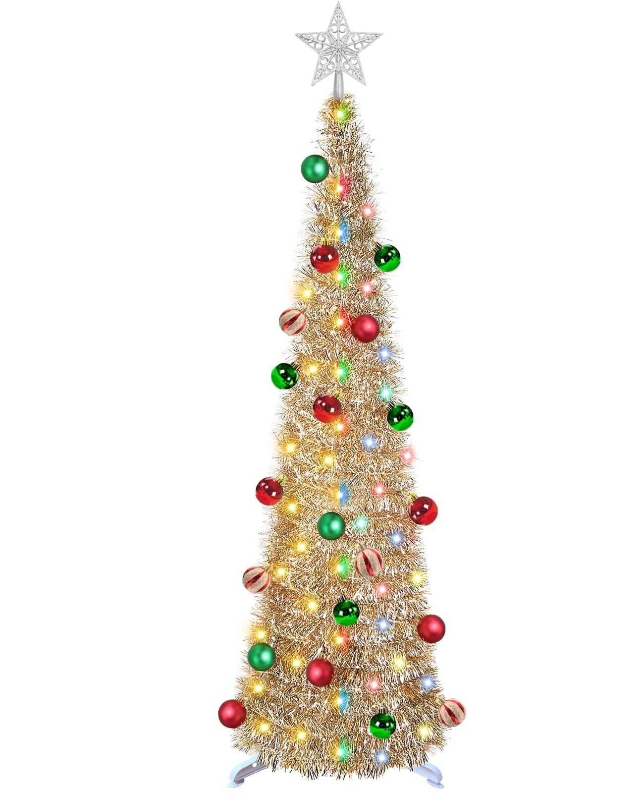5 Ft Lighted Bling Christmas Pencil Tree with Timer 50 Warm White & Multi Color Light 3D Star 25 Ball Ornament Battery Operated, Glitter Tinsel Pop Up Slim Xmas Tree Decor Indoor Home (Champagne Gold)