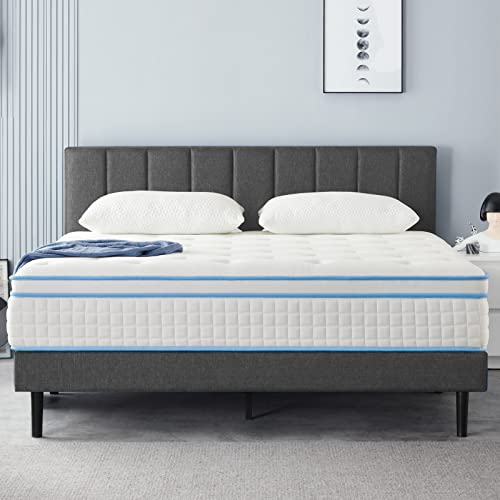 12 Inch Queen Innerspring Hybrid Mattress + 42 Inch Platform Bed Frame (Grey)