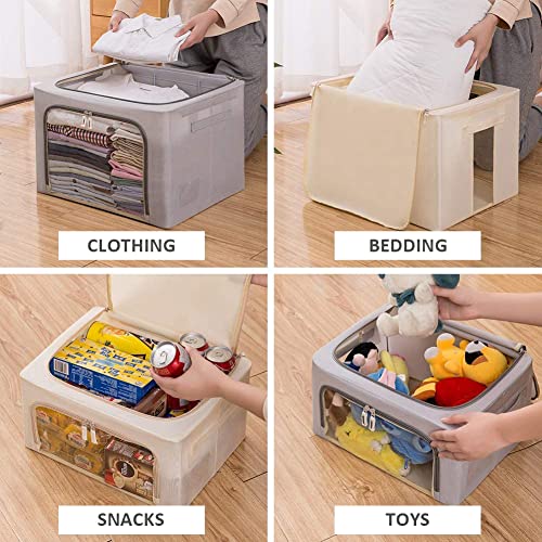 FHSQX Storage Bins, Large Capacity Clothes Bag Organizer with Window & Carry Handles, Foldable Stackable Container Set, Closet Organization for Comforters (2-PACK) (Beige, Big 19.7 x 16 x 13.7)