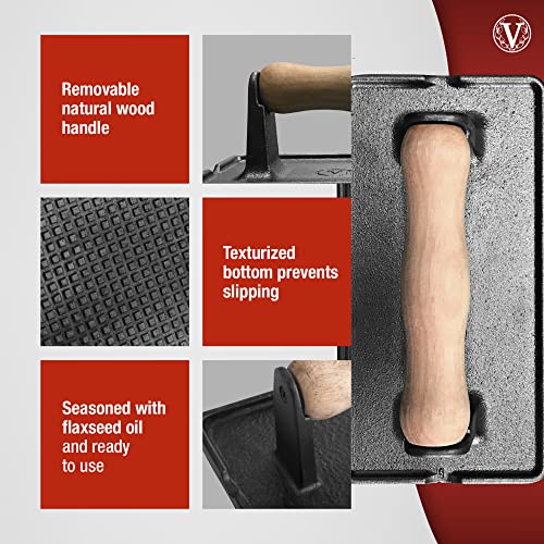 Victoria Rectangular Cast-Iron Meat Press with a Wooden Handle, Preseasoned with Flaxseed Oil, Made in Colombia