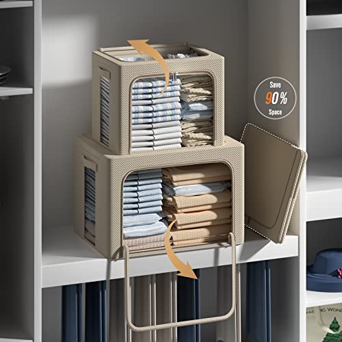 FHSQX Storage Bins, Large Capacity Clothes Bag Organizer with Window & Carry Handles, Foldable Stackable Container Set, Closet Organization for Comforters (2-PACK) (Beige, Big 19.7 x 16 x 13.7)